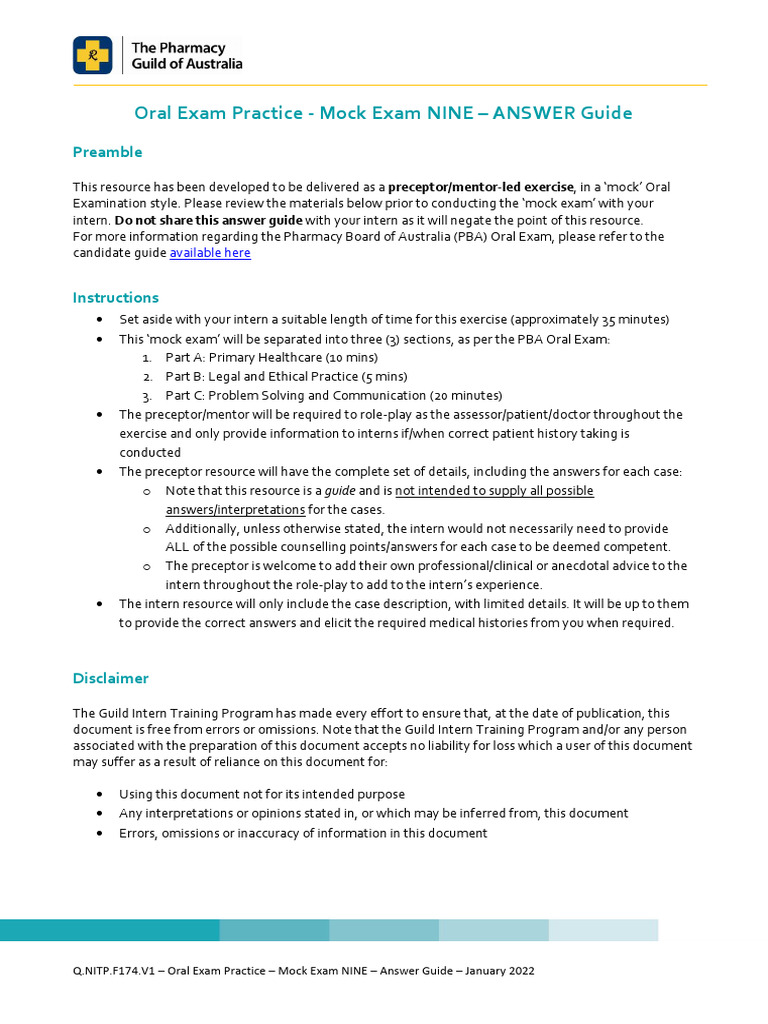 9b Oral Exam Practice - Mock Exam NINE - Answer Guide | PDF | Pharmacy ...