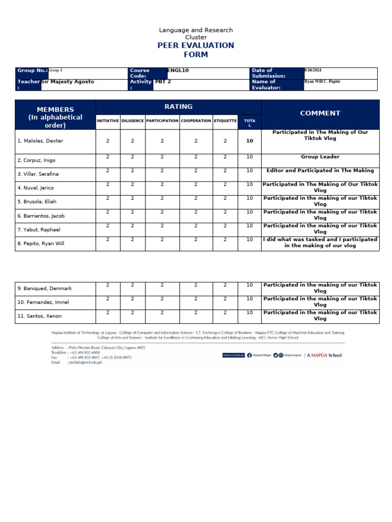 Student Peer Evaluation Form | PDF