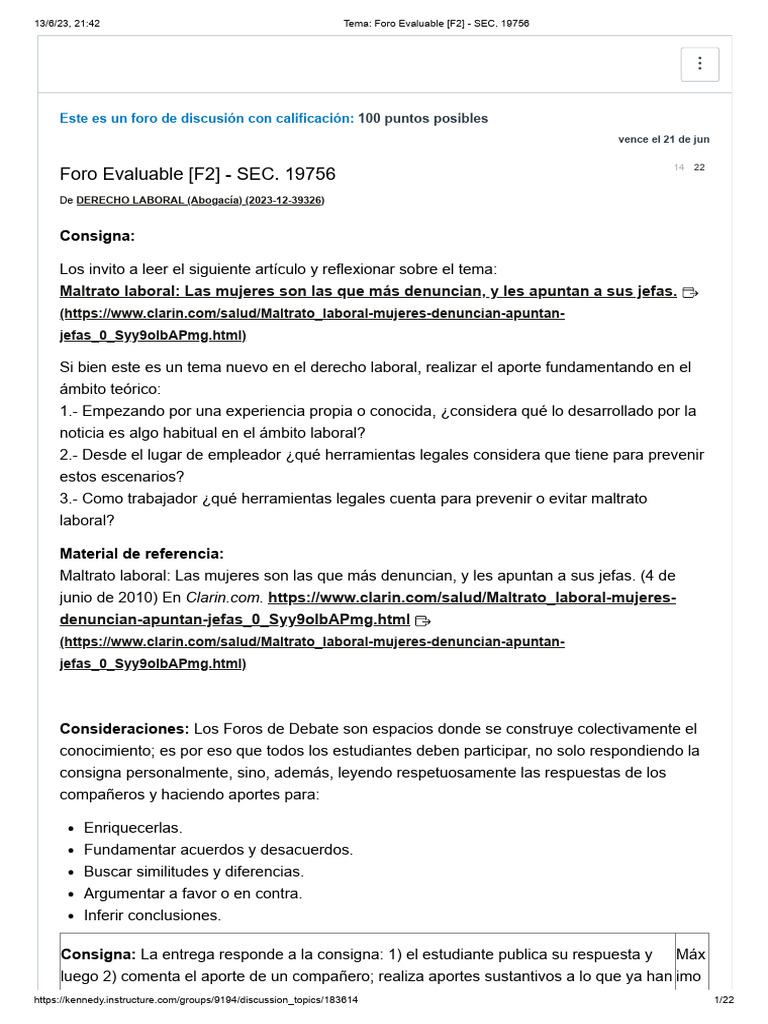 Tema - Foro Evaluable (F2) - SEC. 19756 | PDF | La violencia contra las mujeres | Derecho laboral