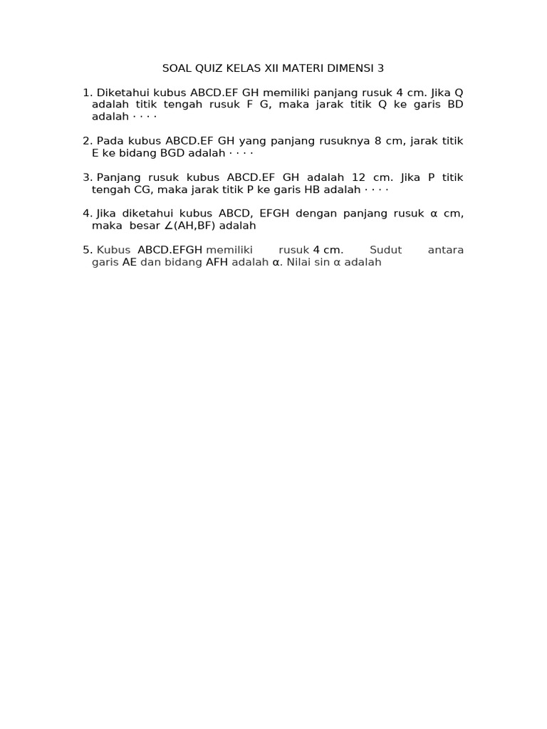 Soal Quiz Kelas Xii Materi Dimensi 3 | PDF