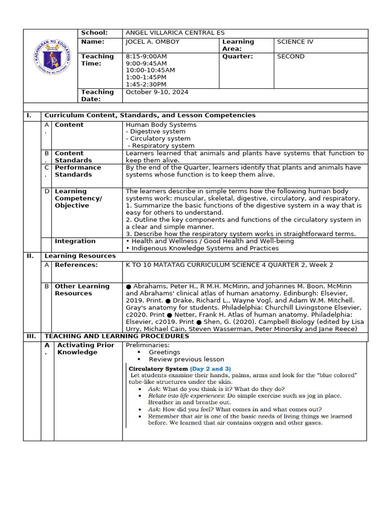 Human Body Systems Lesson Plan | PDF | Blood | Blood Vessel