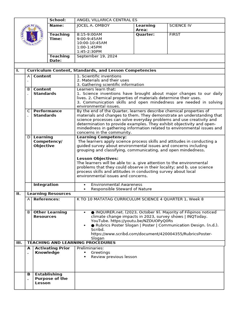 SCIENCE LP- KWARTER 1-WEEK 8-DAY 4 | PDF | Science | Learning