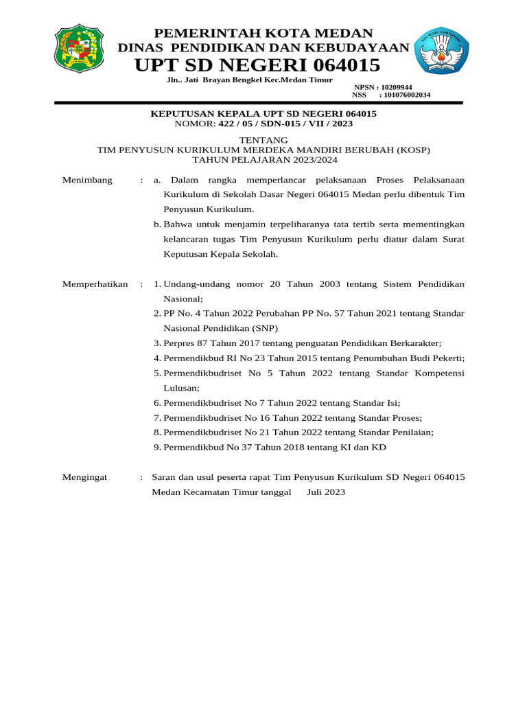 Tim Penyusun Kurikulum Merdeka Mandiri Berubah (Kosp) | PDF