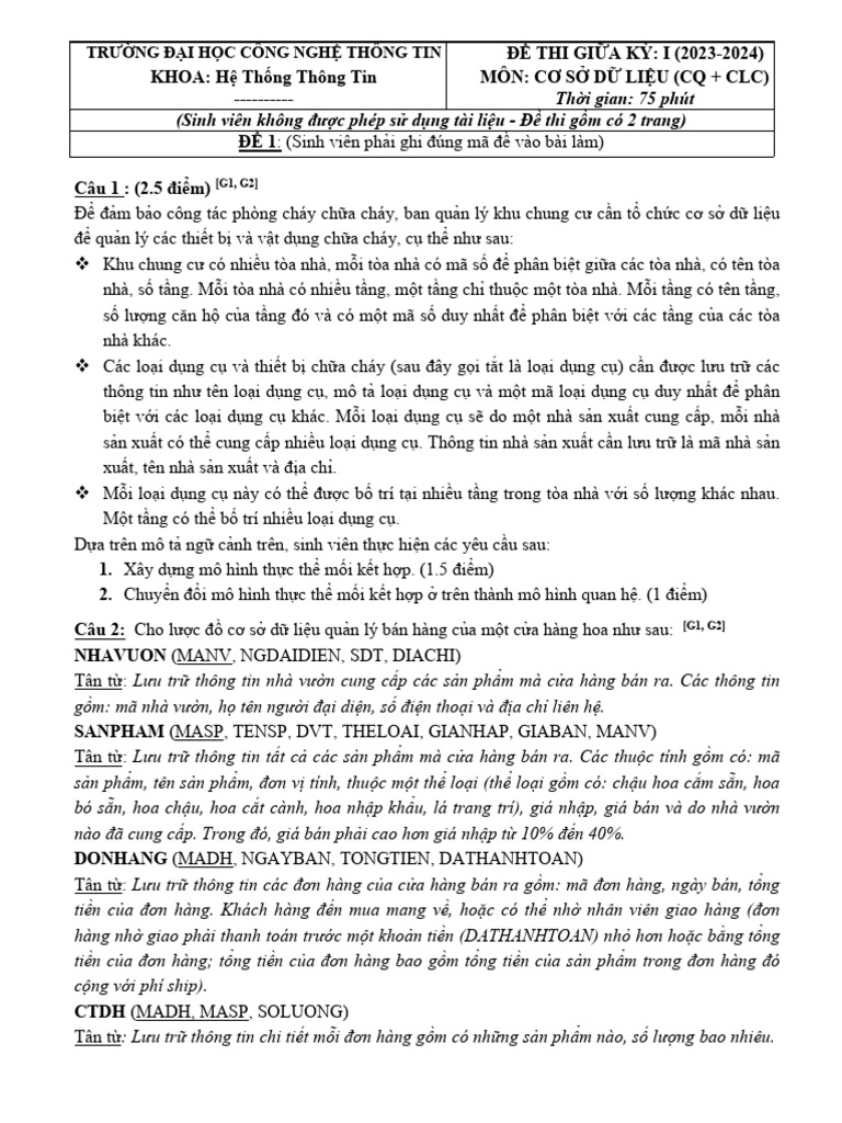 2023 2024 Hk1 de Thi Giua Ky CSDL | PDF