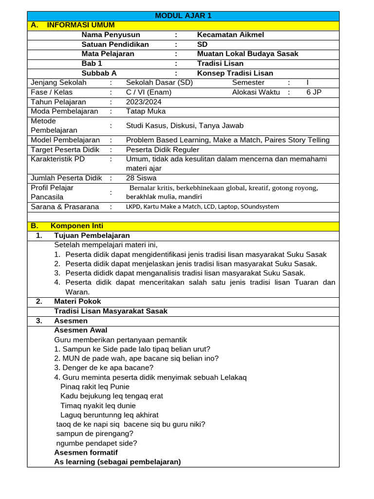 Modul Ajar 1 Tradisi Lisan | PDF