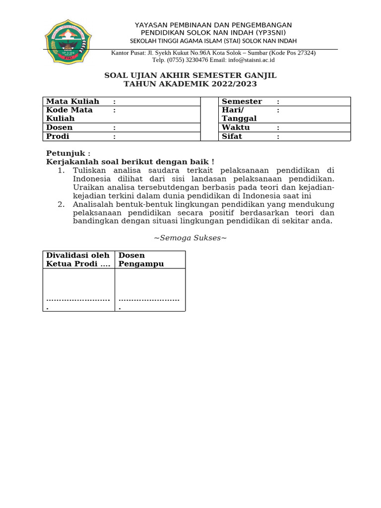 Form UAS GANJIL 2022-2023 | PDF