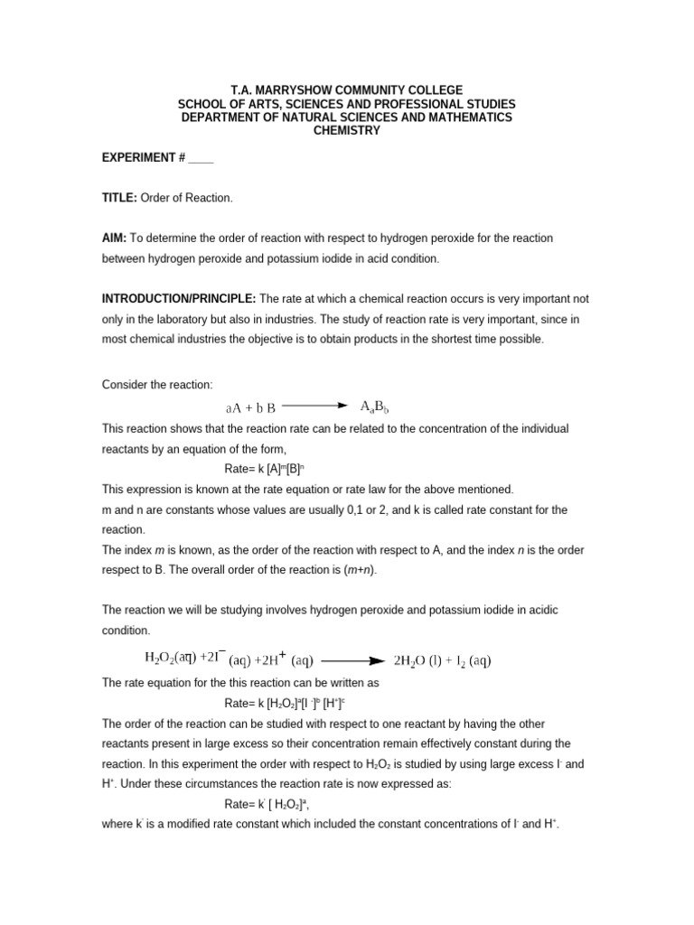 07 - To Determine The Order of Reaction With Respect To Hydrogen ...