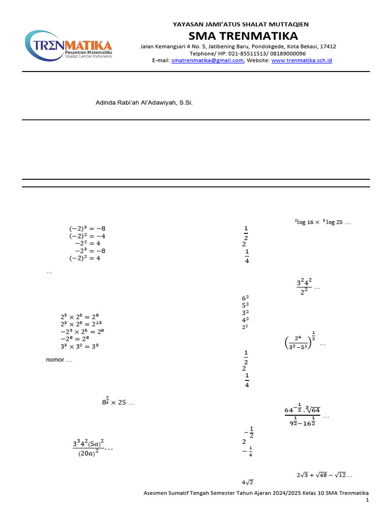 ASTS Ganjil Matematika X SMA 2024-2025 | PDF