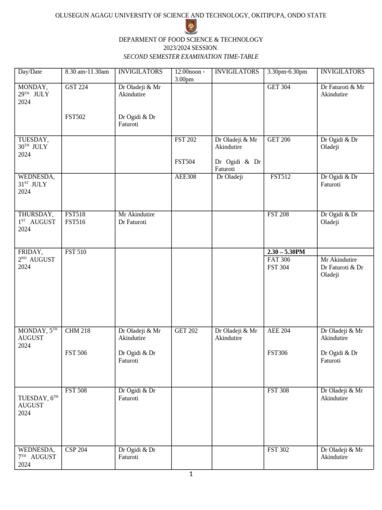 FST Second Semester Exam Timetable | PDF