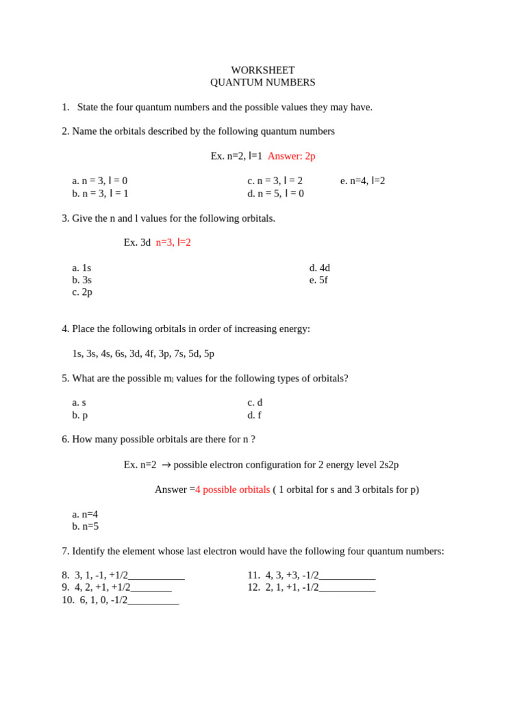 Worksheet On Quantum Numbers | PDF
