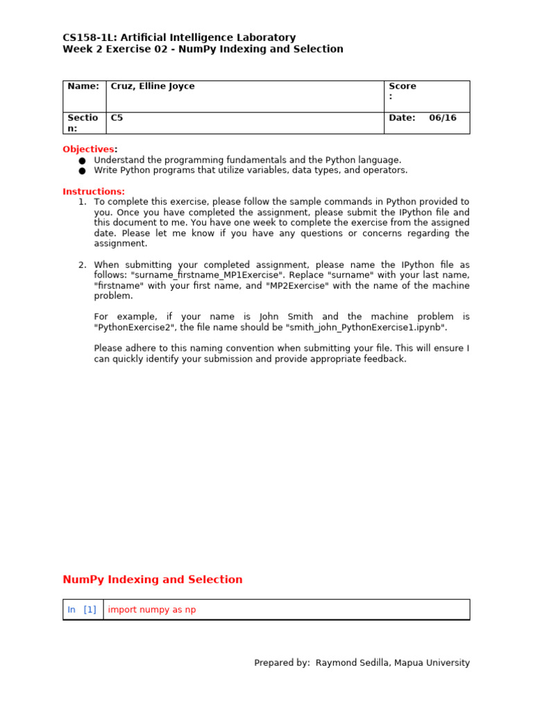 Week 2 Exercise 02 - NumPy Indexing and Selection | PDF | Software ... Week 2 Exercise 02 - NumPy Indexing and Selection | PDF | Software ...