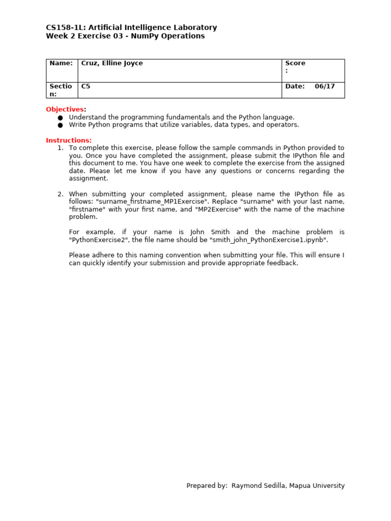 Week 2 Exercise 03 - NumPy Operations | PDF | Matrix (Mathematics) | Logarithm