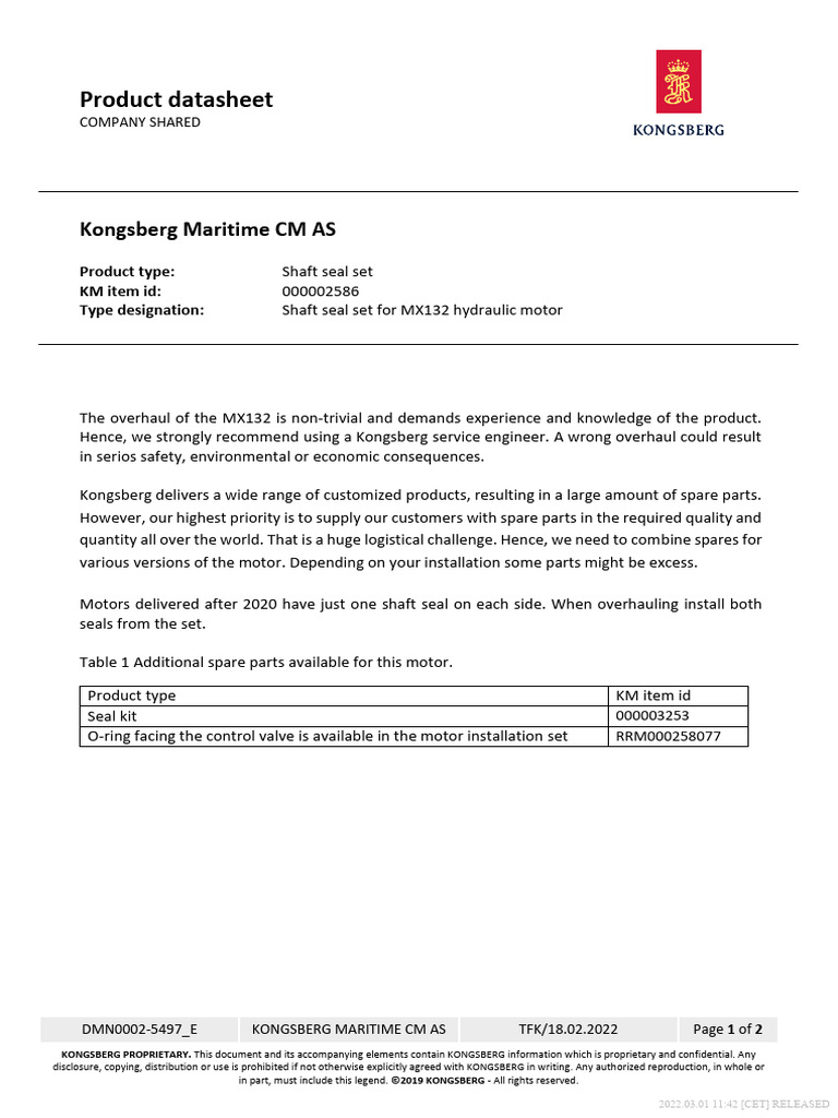 Kongsberg M132 Shaft Seal Set | PDF