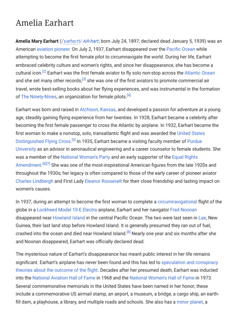 Amelia Earhart - Wikipedia | PDF | Aviation