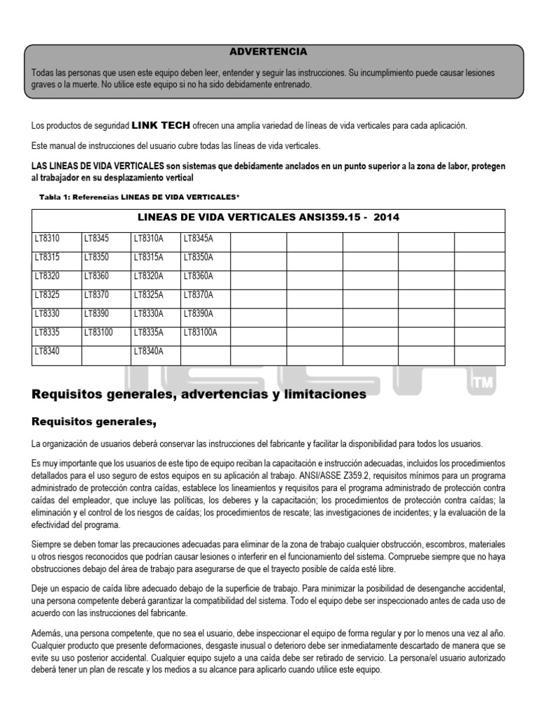 Manual Linea de Vida Vertical | PDF | Administración de Seguridad y Salud Ocupacional | Conector ...