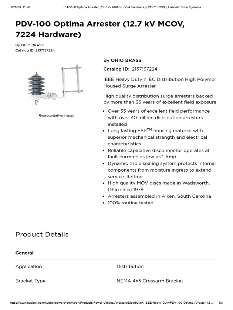 PARARRAYO DISTRIBUCION - PDV-100 Optima Arrester (12.7 KV MCOV, 7224 ...