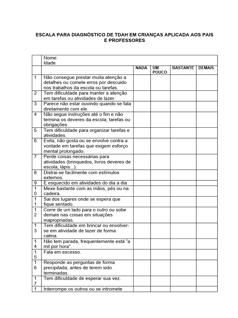 Diagnóstico de TDAH em Crianças: Escala | PDF | Transtorno de déficit ...