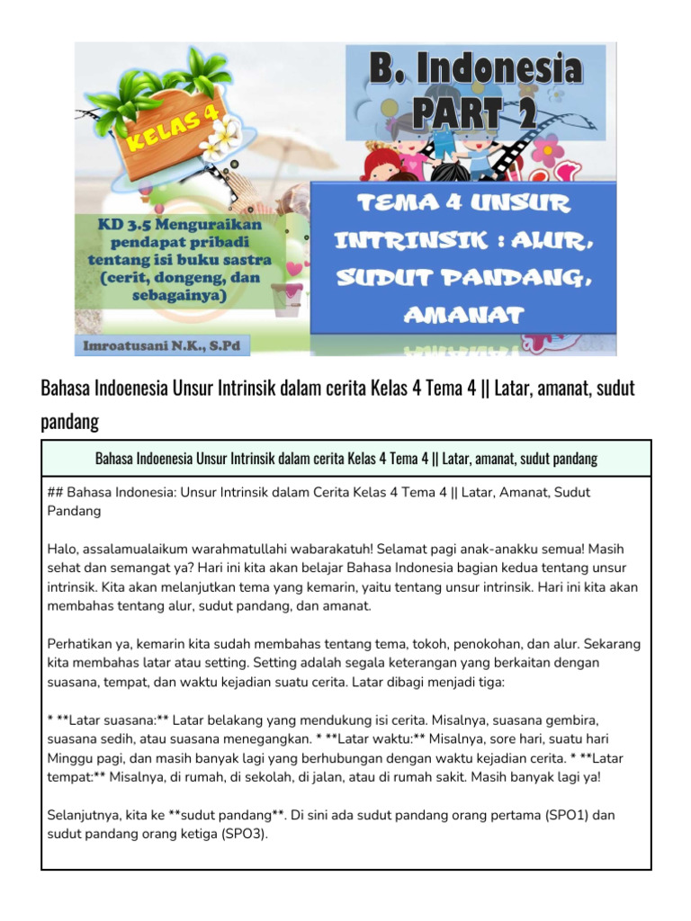 Unsur Intrinsik Cerita Kelas 4 | PDF