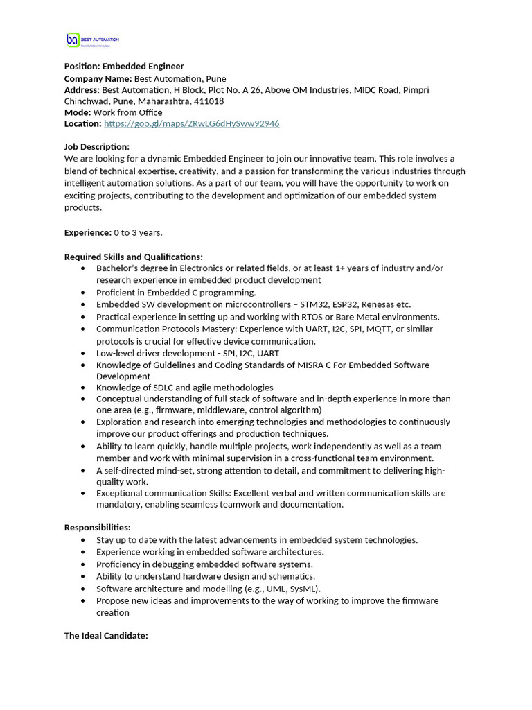 Embedded engineer JD_candidate copy | PDF | Embedded System | Automation