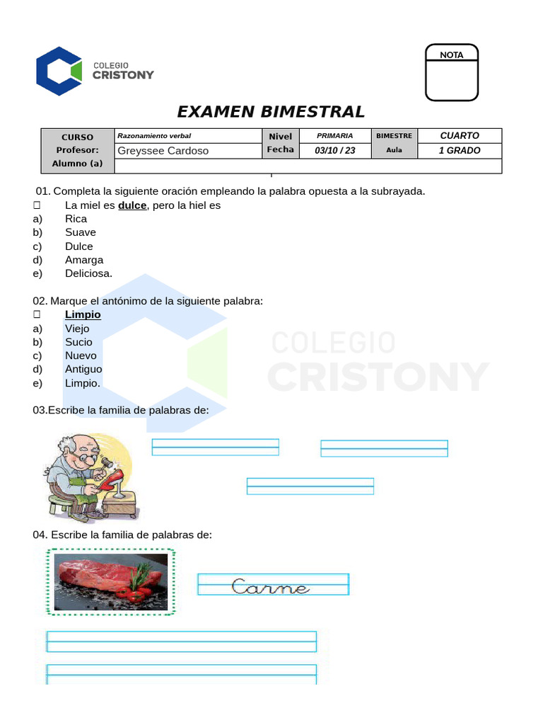 Examen Verbal 4º Primaria Octubre 2023 | PDF