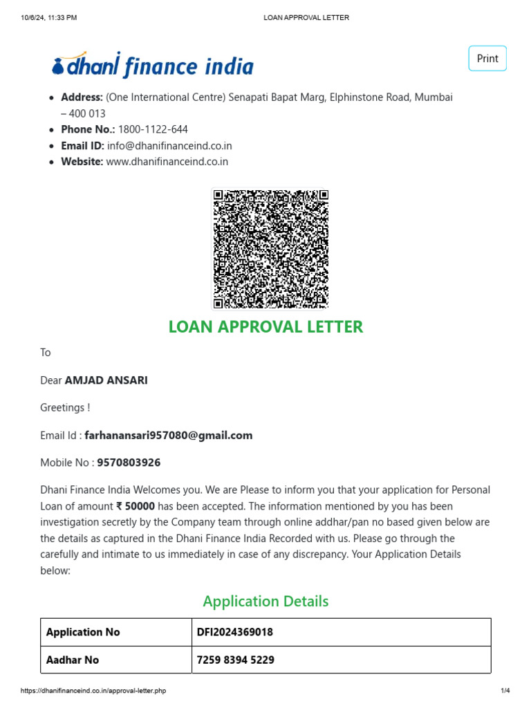 Mr.amjad Ansari Loan Approval Letter | PDF | Banks | Loans