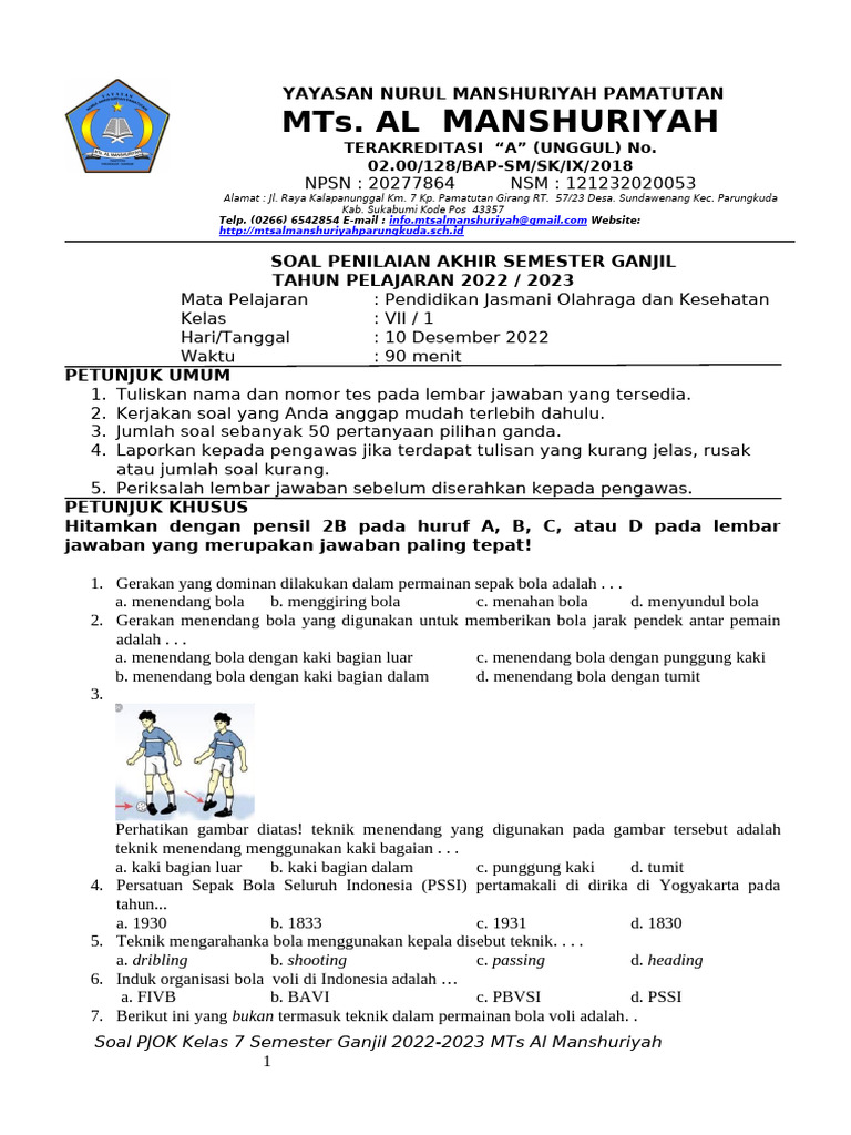 SOAL PAS PJOK KLS 7 - MTs Al Manshuriyah Cetak | PDF