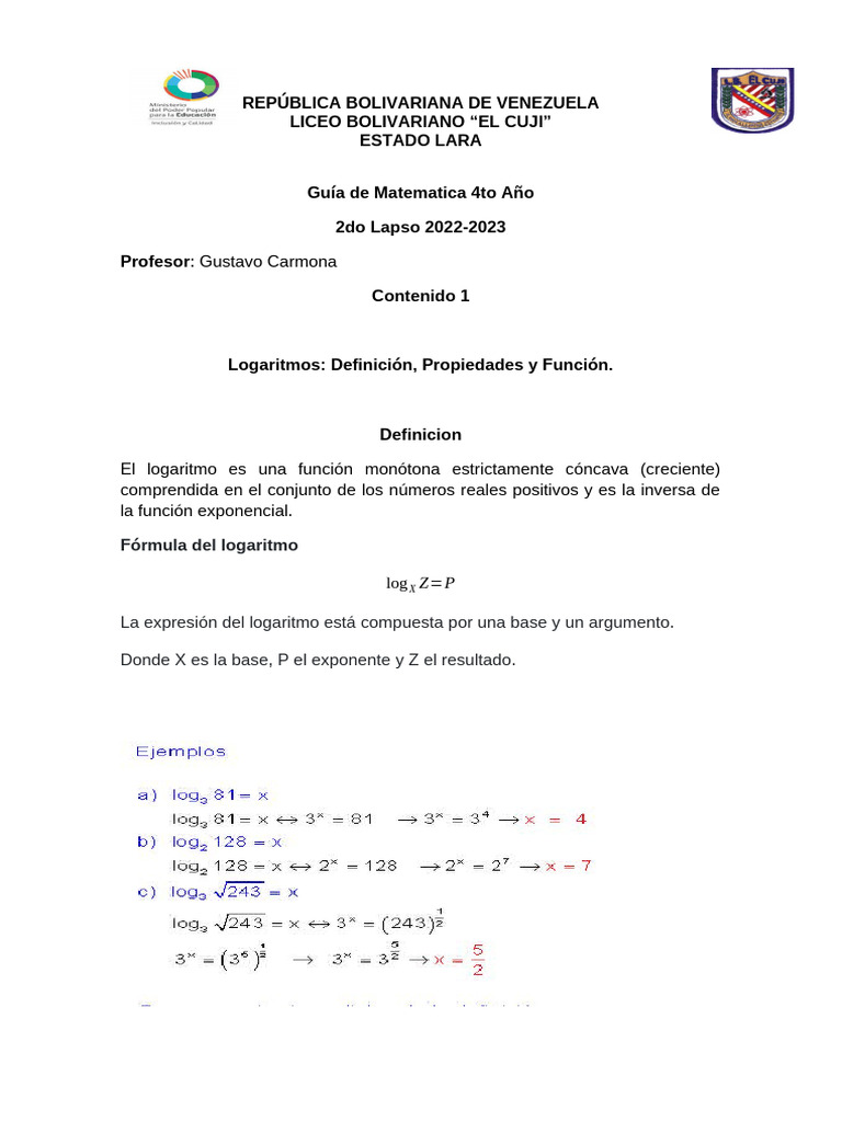 Guia Matematica II Lapso | PDF | Logaritmo | Función (Matemáticas)