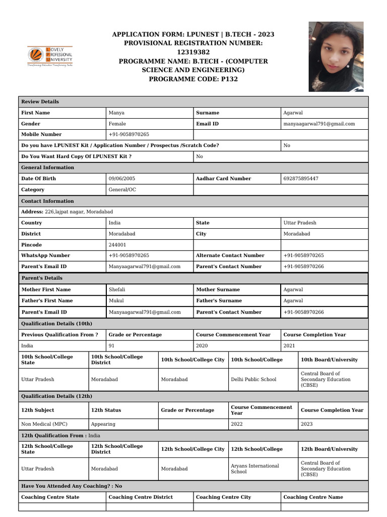 LPUNEST B.Tech Application Form 2023 | PDF | Secondary Education ...