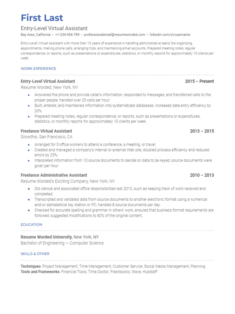 Entry-Level Virtual Assistant Resume | PDF | Information | Computing