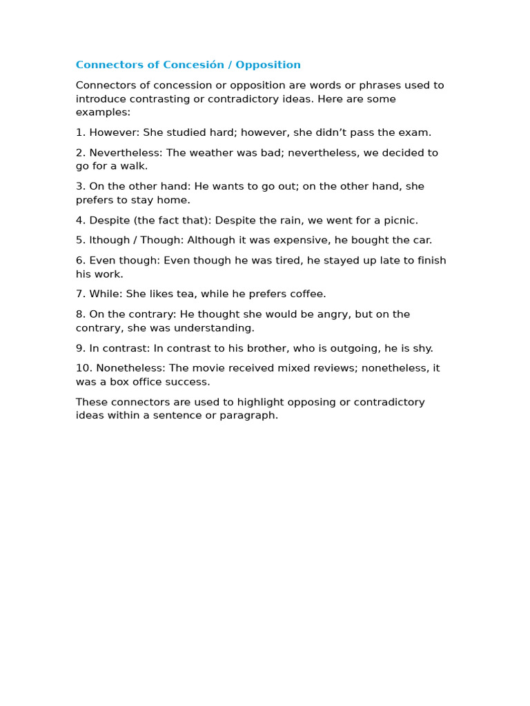 Concession and Opposition Connectors | PDF