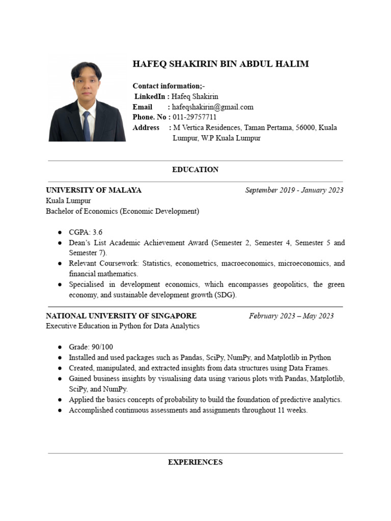 HAFEQ SHAKIRIN BIN ABDUL HALIM's CV | PDF | Forecasting | Malaysia