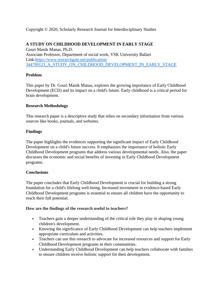 A Study On Childhood Development in Early Stage | PDF | Self-Improvement