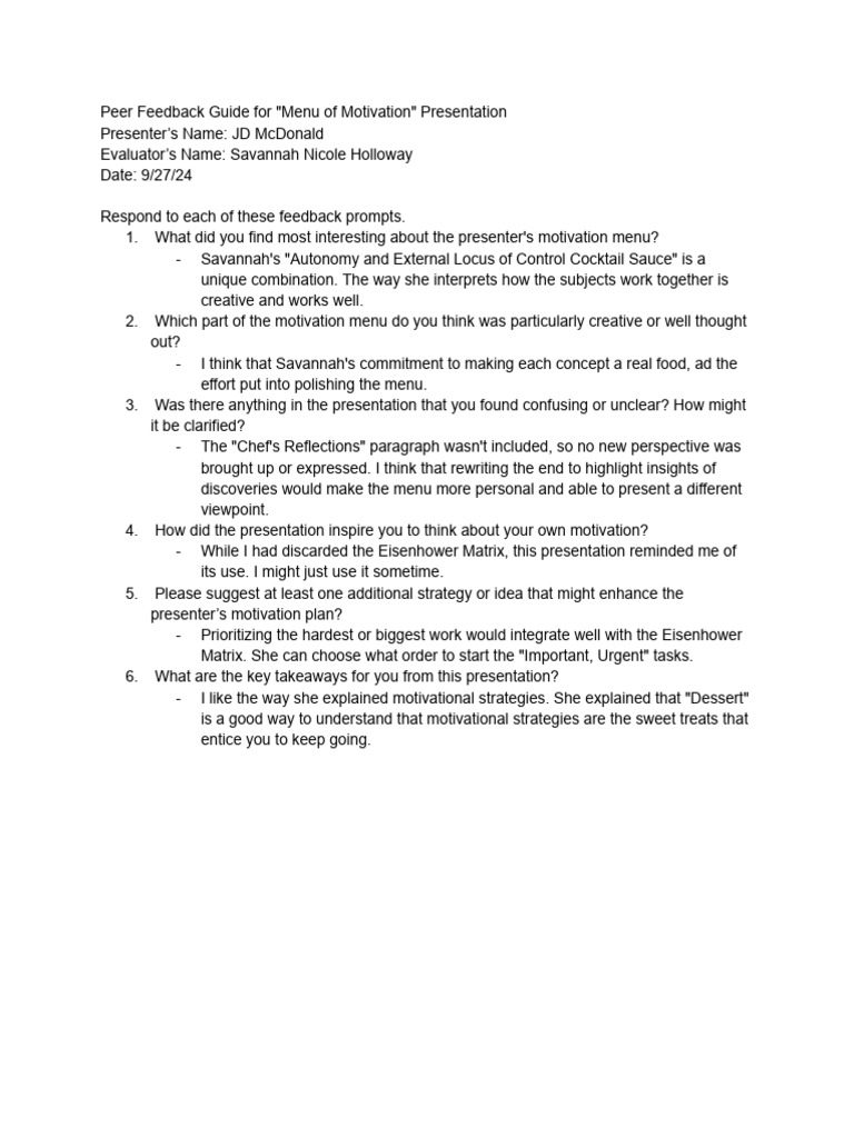 Peer Feedback Guide For - Menu of Motivation - Presentation | PDF
