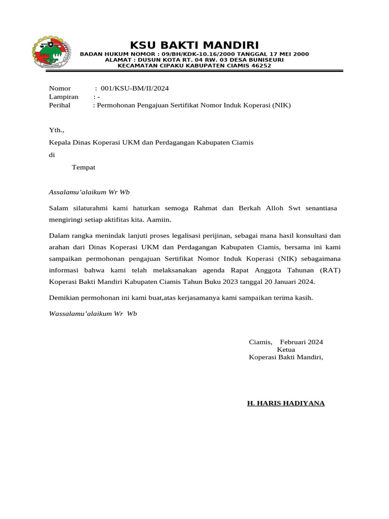 Permohonan Pengajuan Sertifikat Nomor Induk Koperasi (NIK) | PDF ...