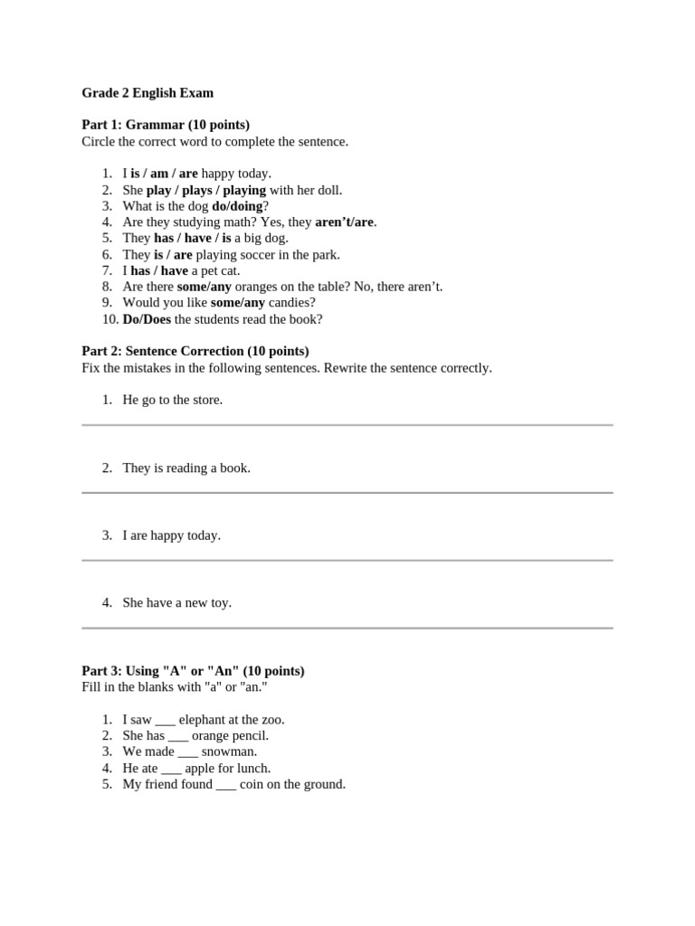 Grade 2 English Exam | PDF | Linguistics