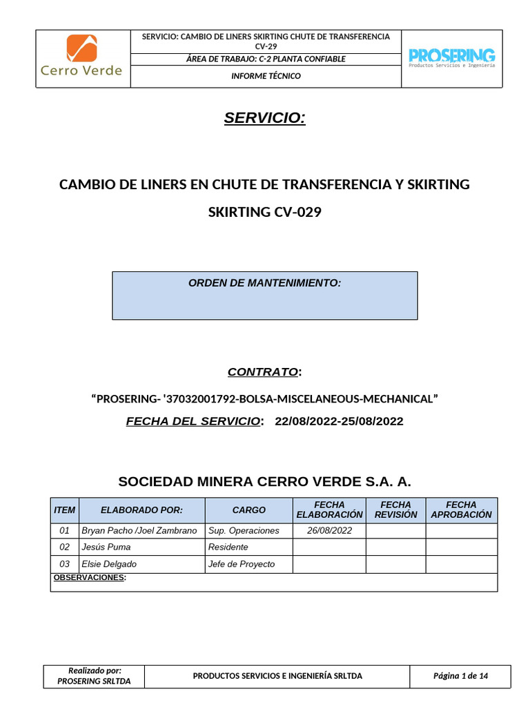 Informe de Trabajo Cambio de Liners Skirting CV 29 | PDF