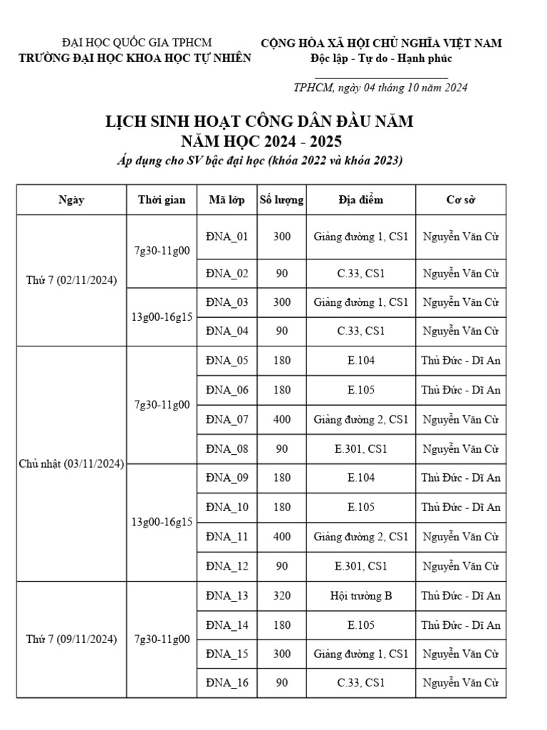Lich SHCD Dau Nam 2024 2025 | PDF