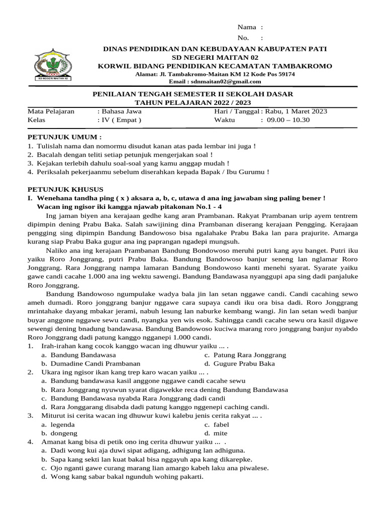 SOAL PTS B. Jawa SMT II 2023 | PDF