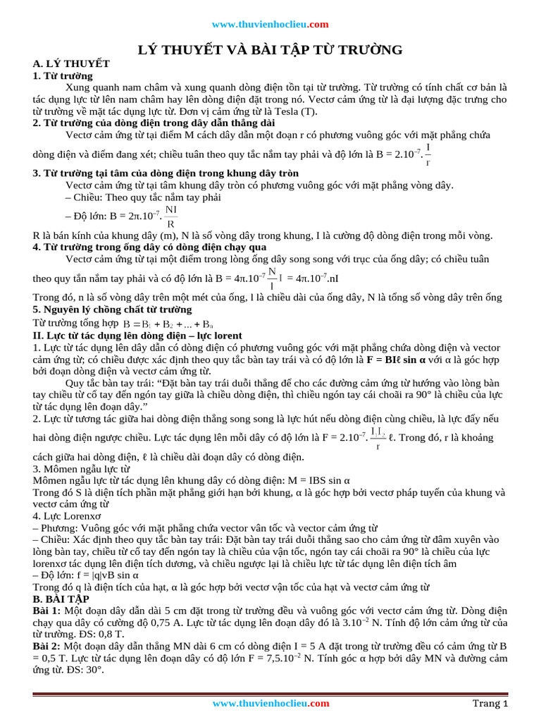 Ly Thuyet Va Bai Tap Tu Truong Vat Ly 11 | PDF