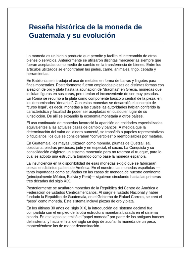 Reseña Histórica de La Moneda de Guatemala y Su Evolución | PDF | Monedas | Moneda