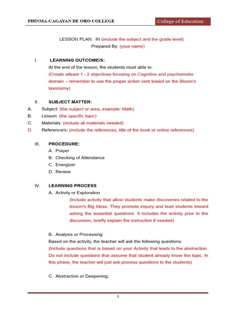 4as Lesson Plan Format | PDF | Lesson Plan | Learning