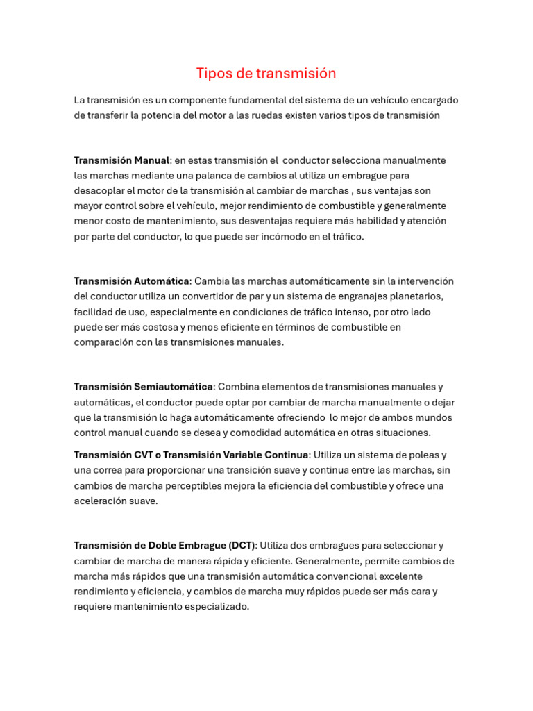 Tipos de transmisión | PDF | Transmisión automática | Transmisión manual