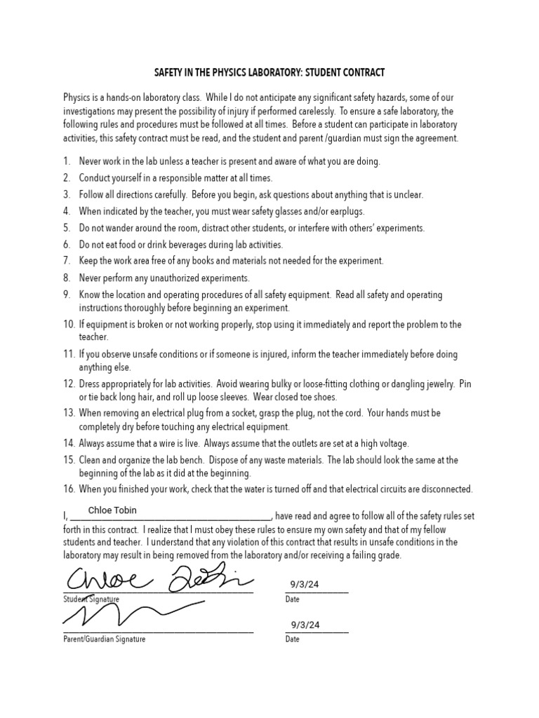 Kami Export - Lab Safety Contract | PDF | Laboratories | Ac Power Plugs And Sockets
