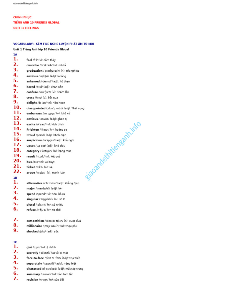 Unit 1. Feelings GV | PDF