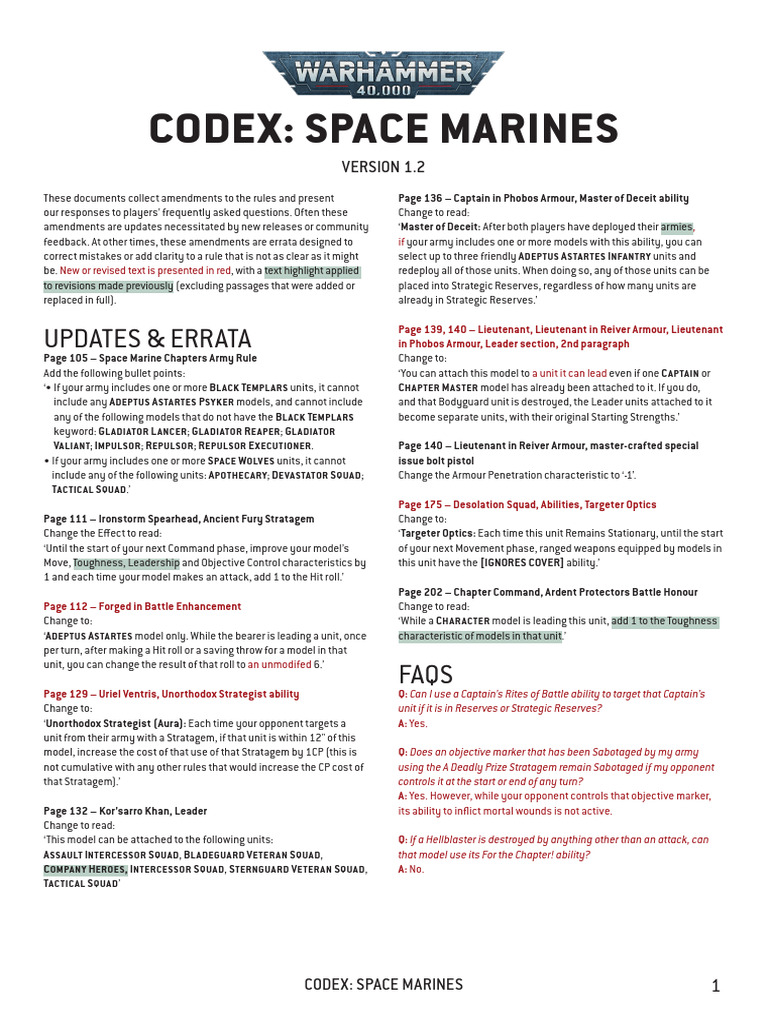 Space Marines Codex Updates & FAQs | PDF | Military | Military Science