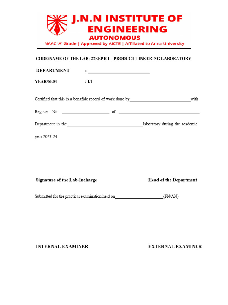 Product Tinkering Laboratory Manual | PDF | Drill | Air Conditioning
