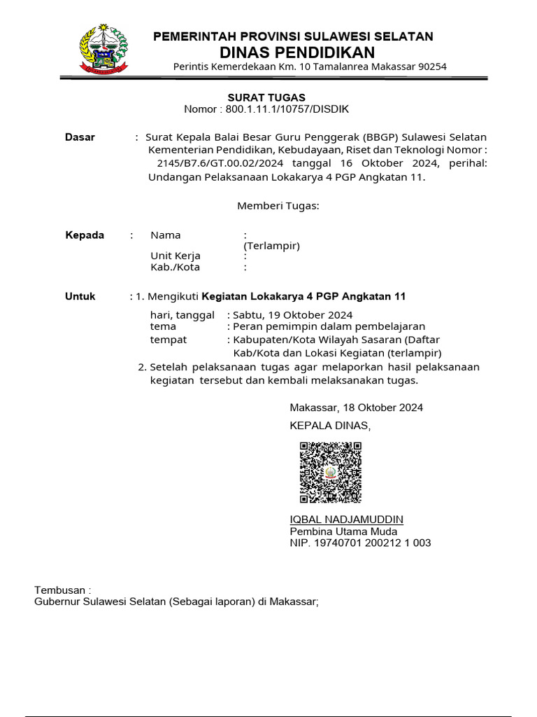 SURAT TUGAS LOKAKARYA 4 PGP ANGKATAN 11 19 Oktober 2024... | PDF