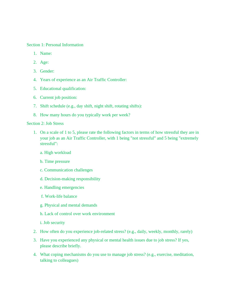 Impact of Job Stress On Job Satisfaction ATC Questionnaire Sample | PDF ...