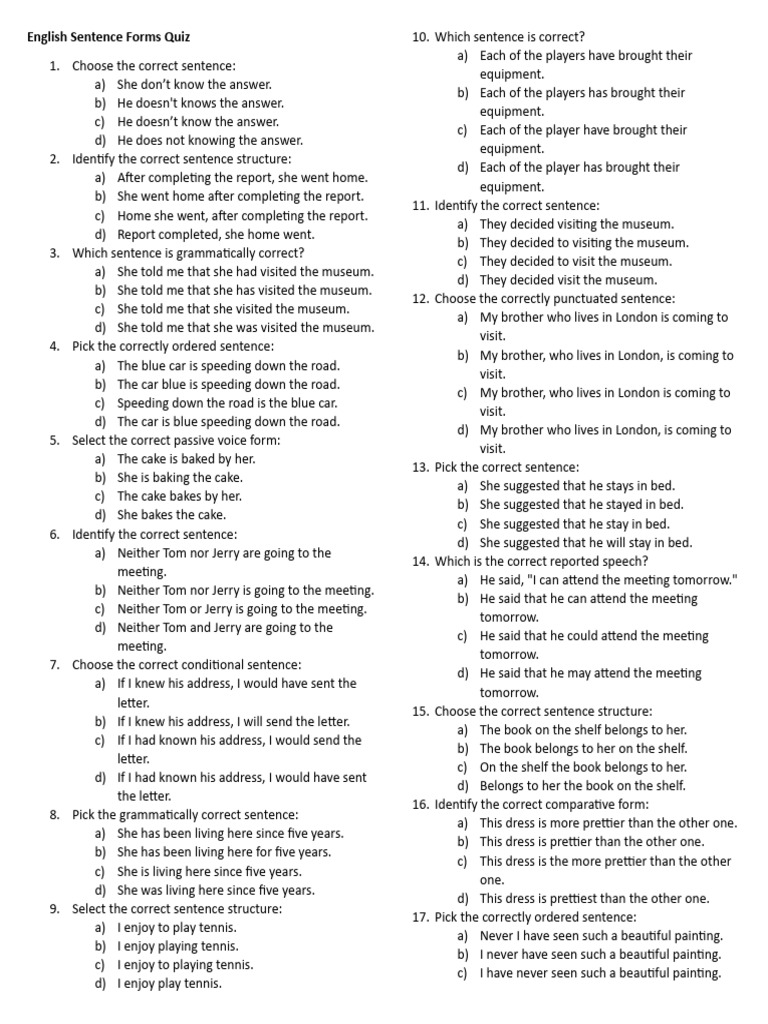 English Sentence Forms Quiz | PDF | Language Arts & Discipline