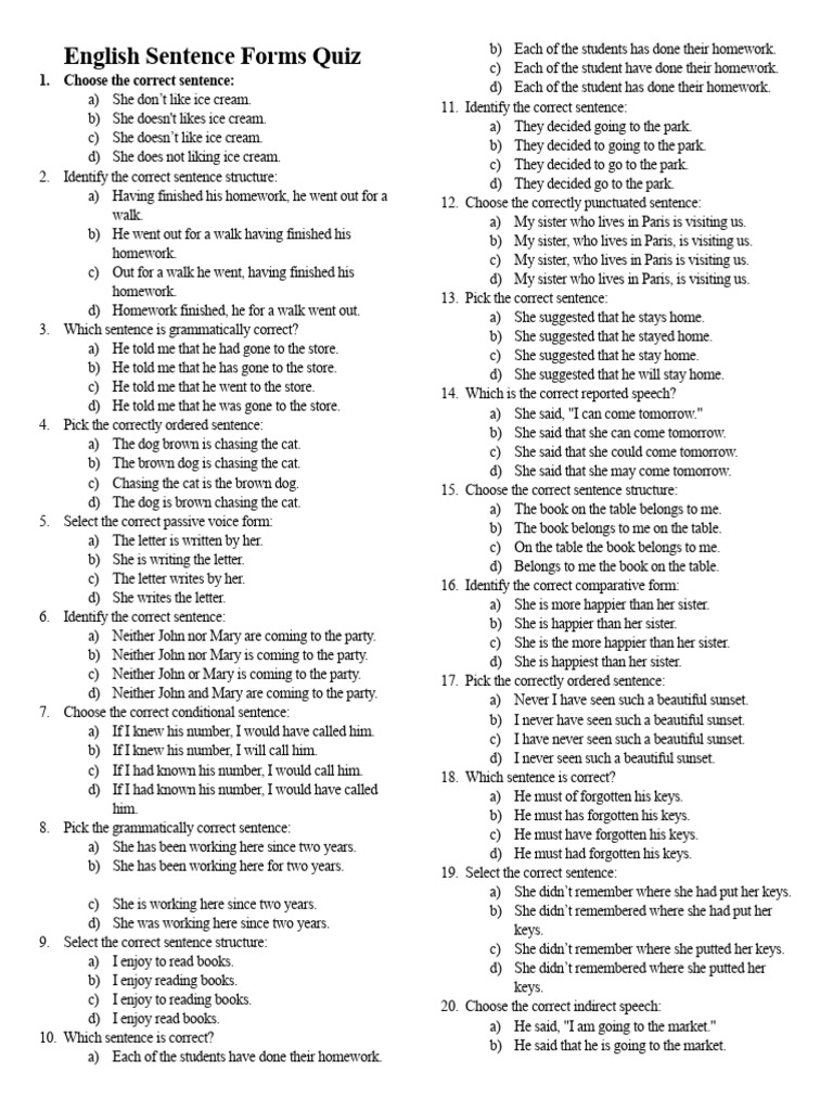 English Sentence Forms Quiz 2 | PDF | Linguistics